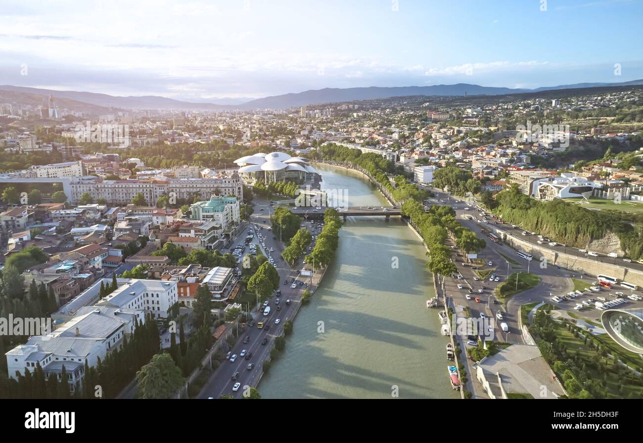 Cityscape of Tbilisi with tourist background aerial drone view Stock ...