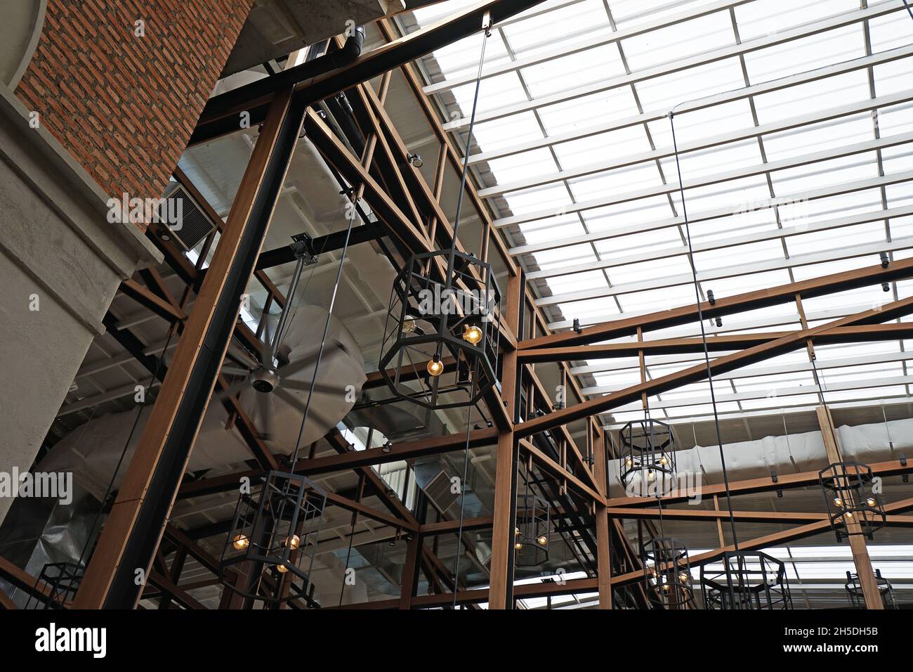 Ceiling architecture and lighting decoration in industrial loft style ...