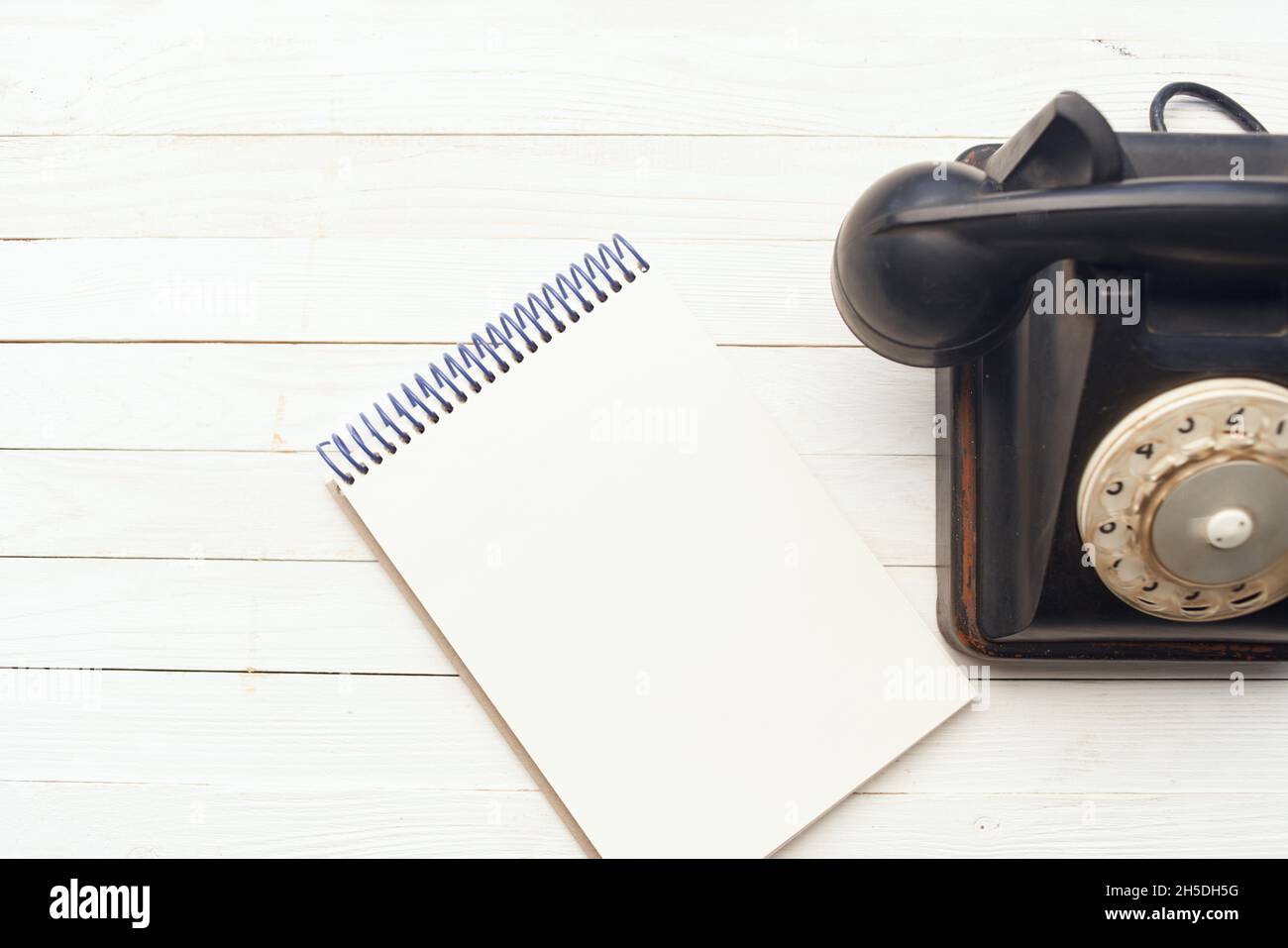 retro telephone notepad wooden table top view Stock Photo - Alamy