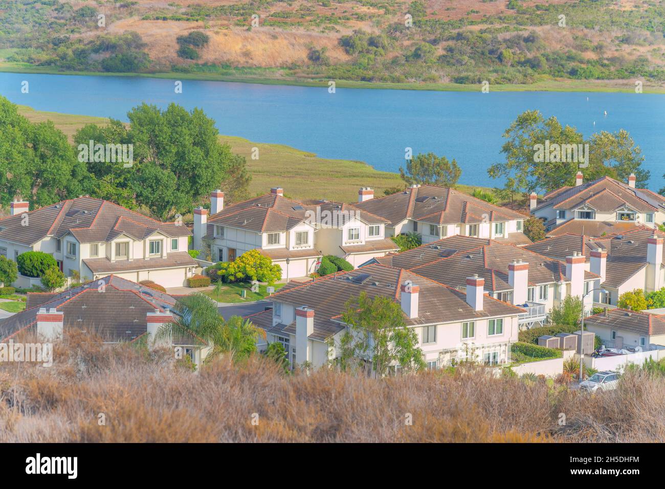 Top view of a residential area with houses with similar designs and ...