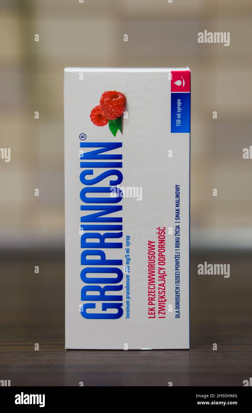 POZNAN, POLAND - Mar 26, 2018: A close up of a Polish Groprinosin syrup ...