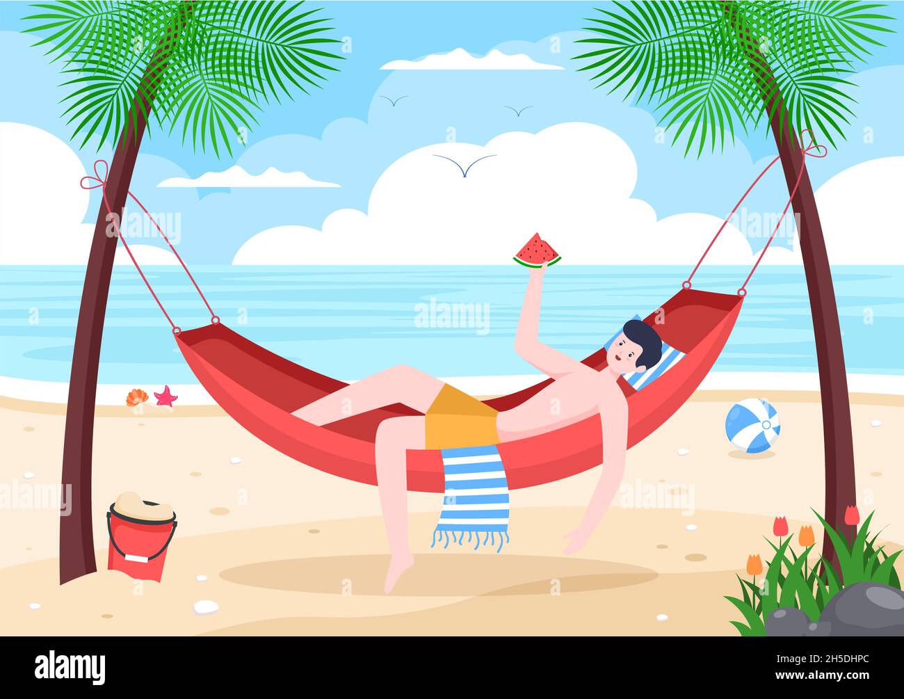 People Lying on Hammock in Beach Swing Flat Cartoon Vector Illustration ...