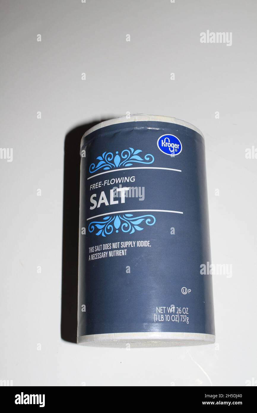 Kroger Iodized Table salt shot closeup with a white background in ...