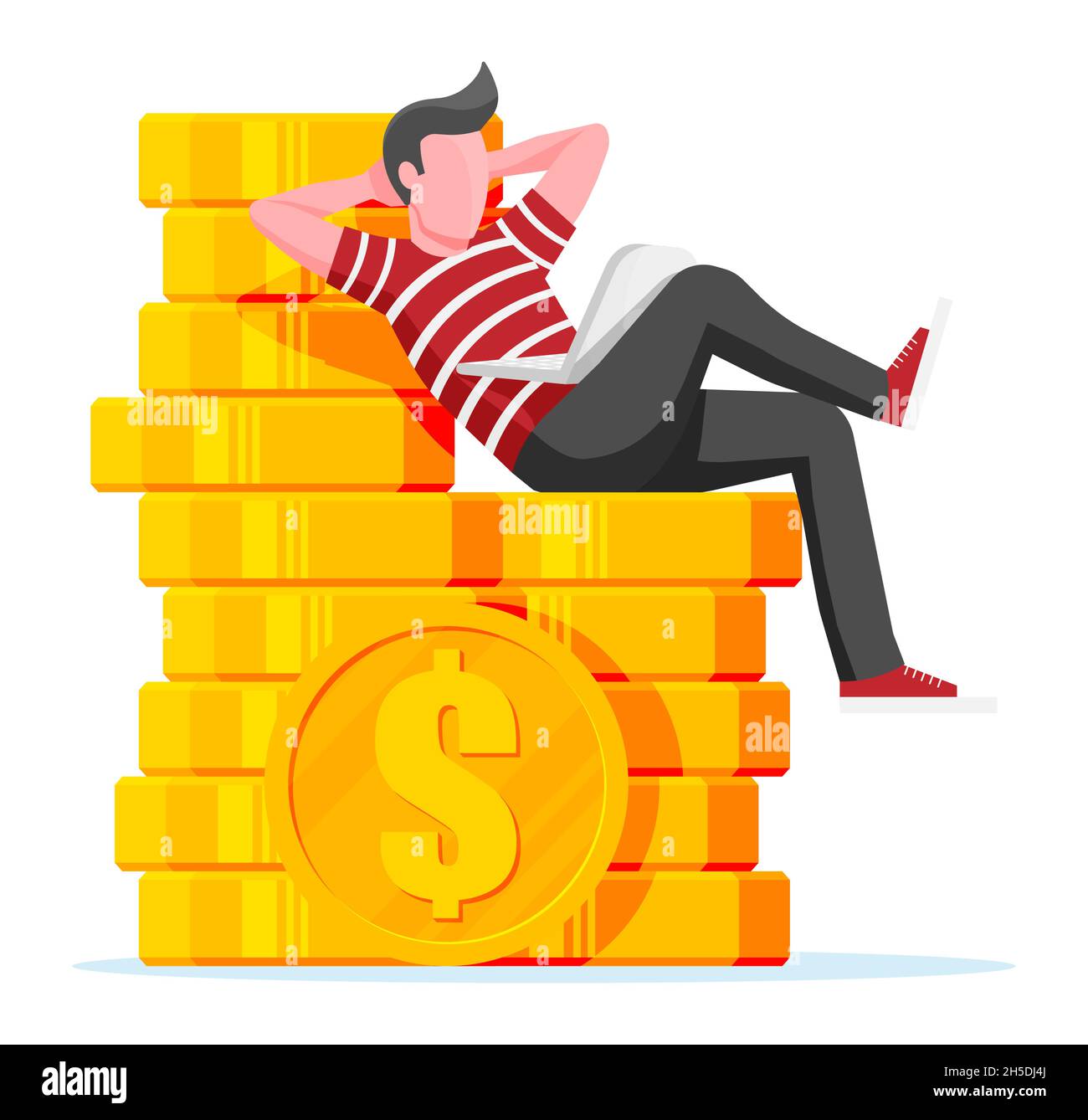 Man Sit on Golden Coins Stack and Use Laptop Stock Vector Image & Art ...