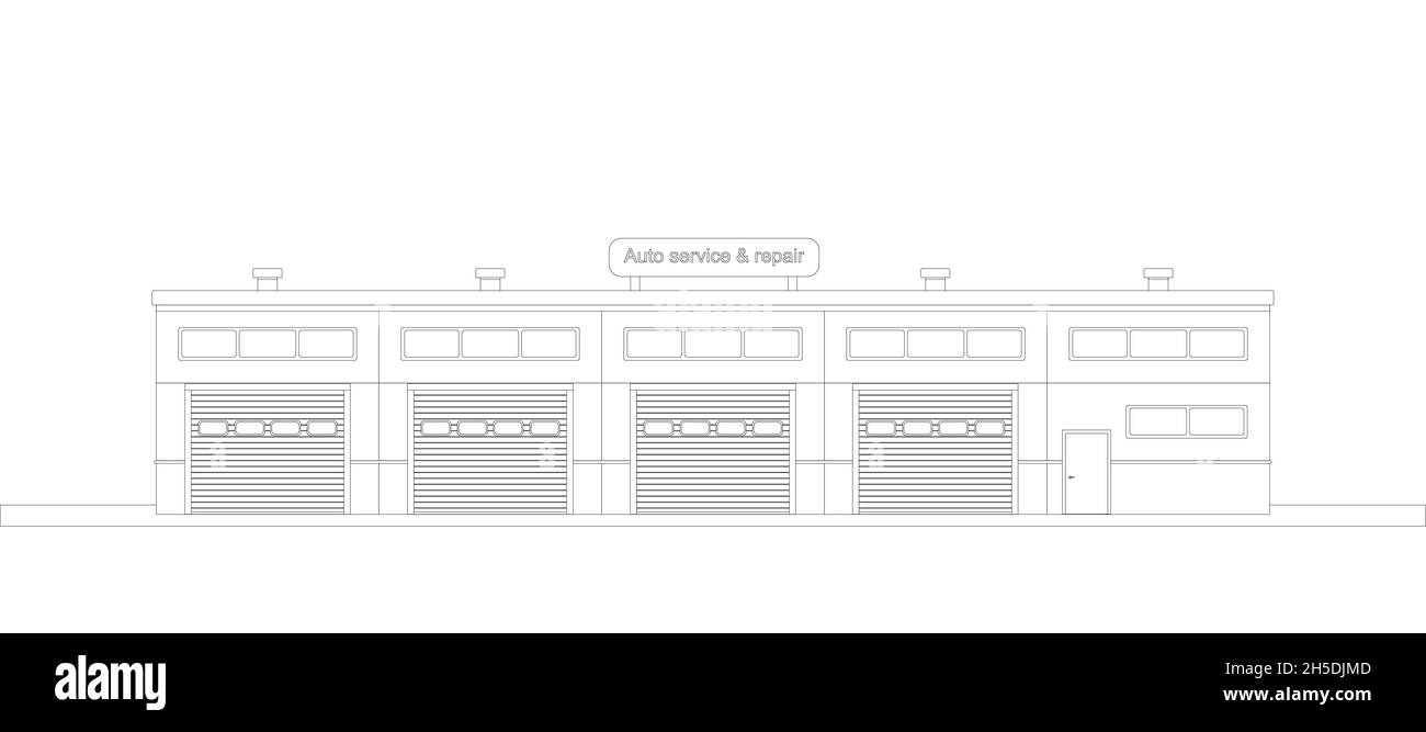 Car service and repair building. Industrial architecture. Sketch. Flat ...