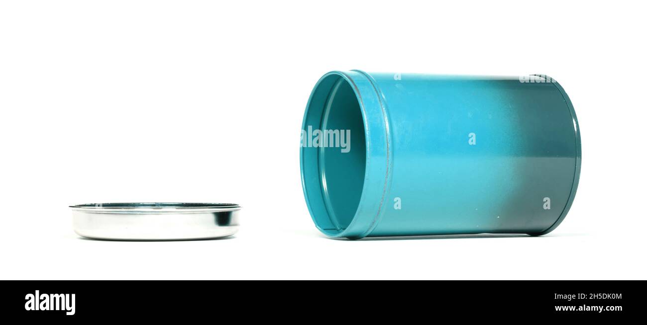 Old blue tin can, isolated on white background Stock Photo - Alamy