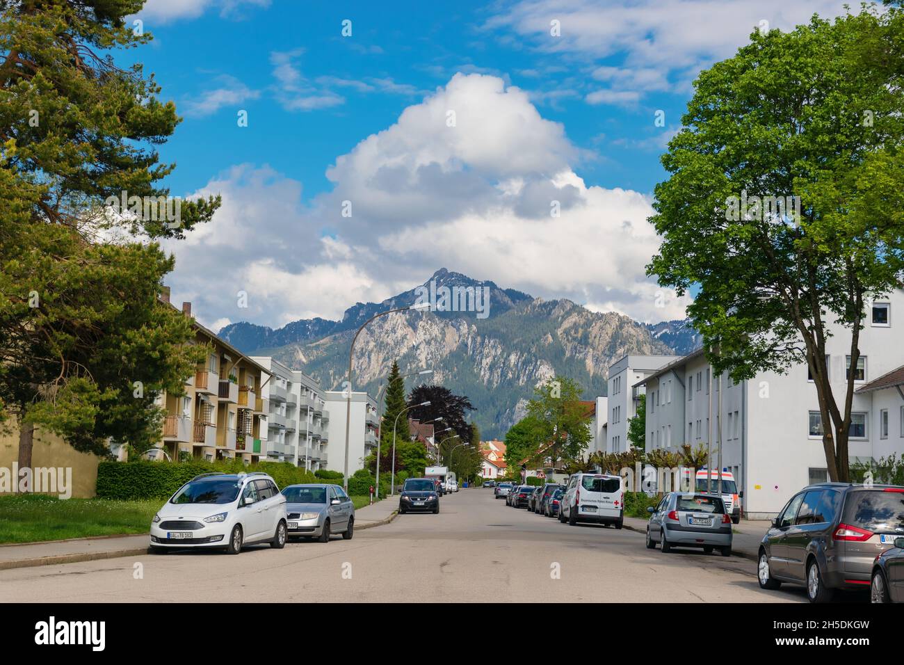 26 May 2019 Fussen, Germany - Small town Fussen, morning streets among ...