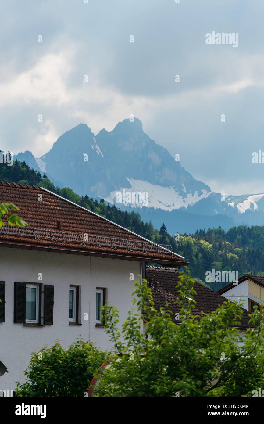 26 May 2019 Fussen, Germany - Small town Fussen, morning streets among ...