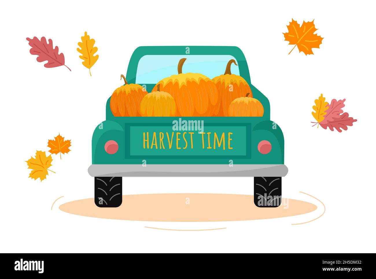 Harvest truck carrying pumpkins. Rear view. Harvest time inscription ...