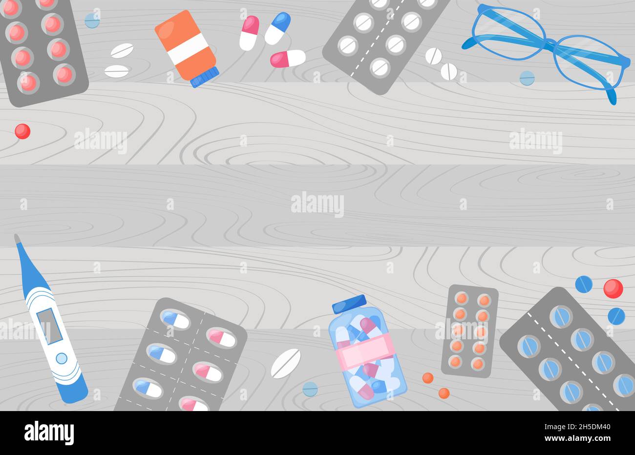 Pharmacy background. Medicine objects, pills on wooden table. Top view ...