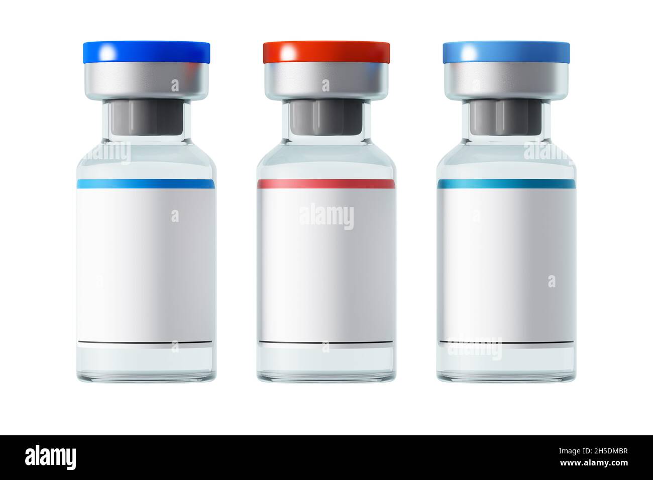 Three drug-filled ampoules with multi-colored markings. Isolated on ...