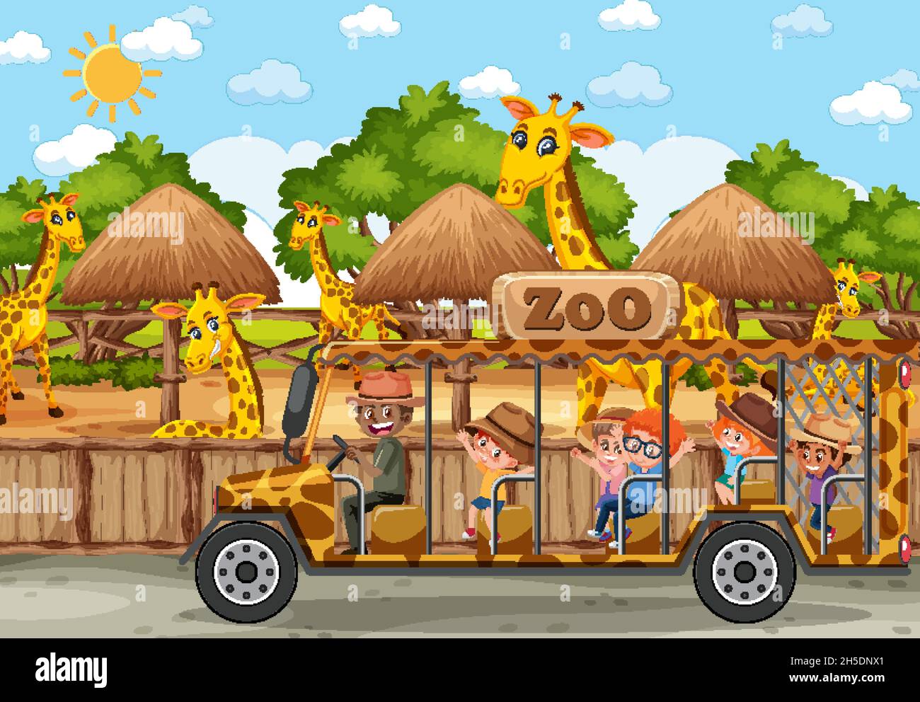 Children on tourist car watching giraffe group in the zoo scene ...