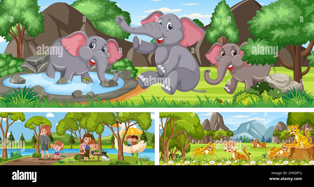 Set of different outdoor landscape scenes with cartoon character ...