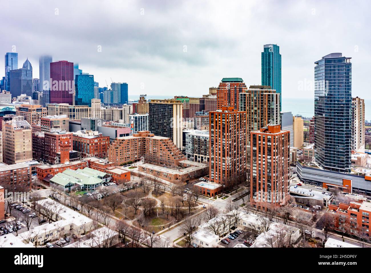Ariel city view in Chicago of nondescript buildings near Lake Michigaan ...