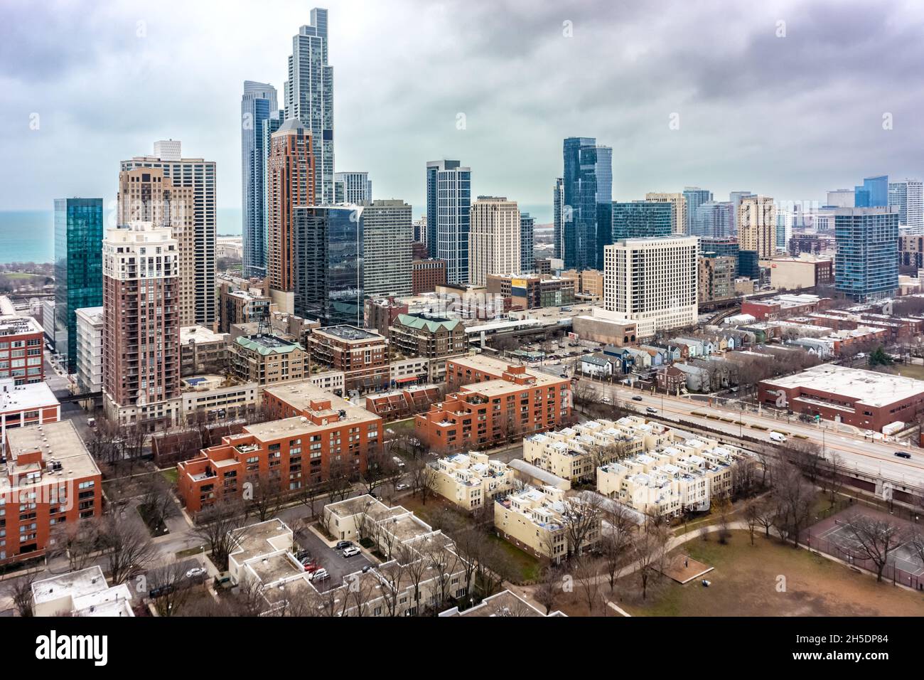 Ariel city view in Chicago of nondescript buildings near Lake Michigaan ...
