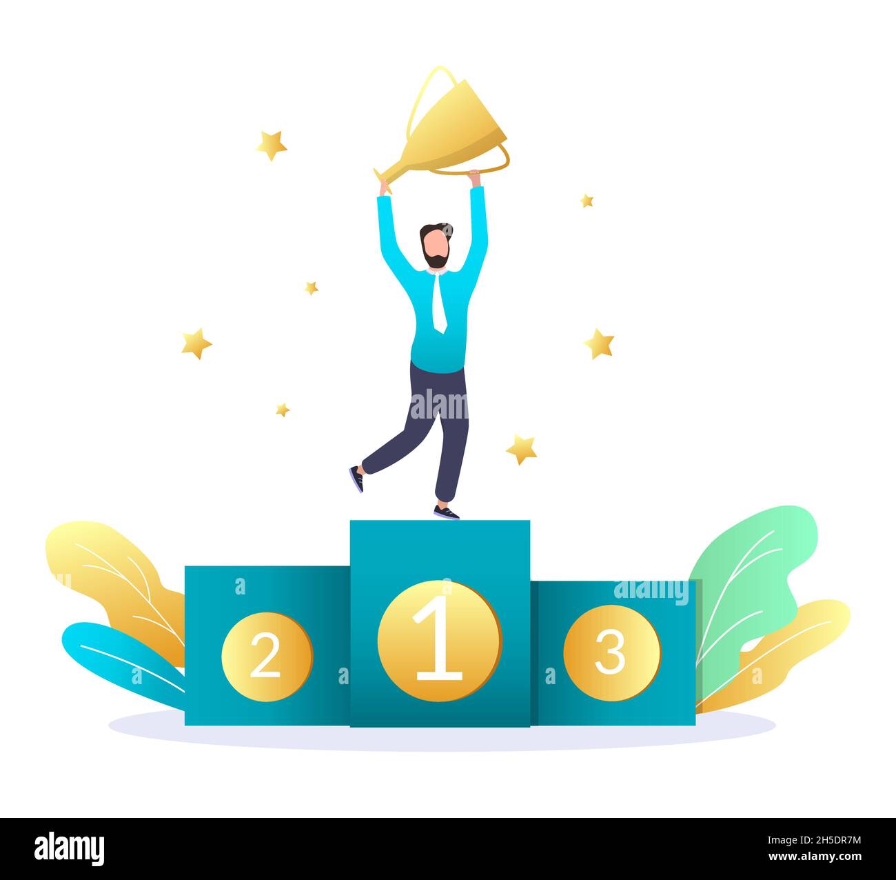 Businessman standing on podium, first place winner with trophy award ...