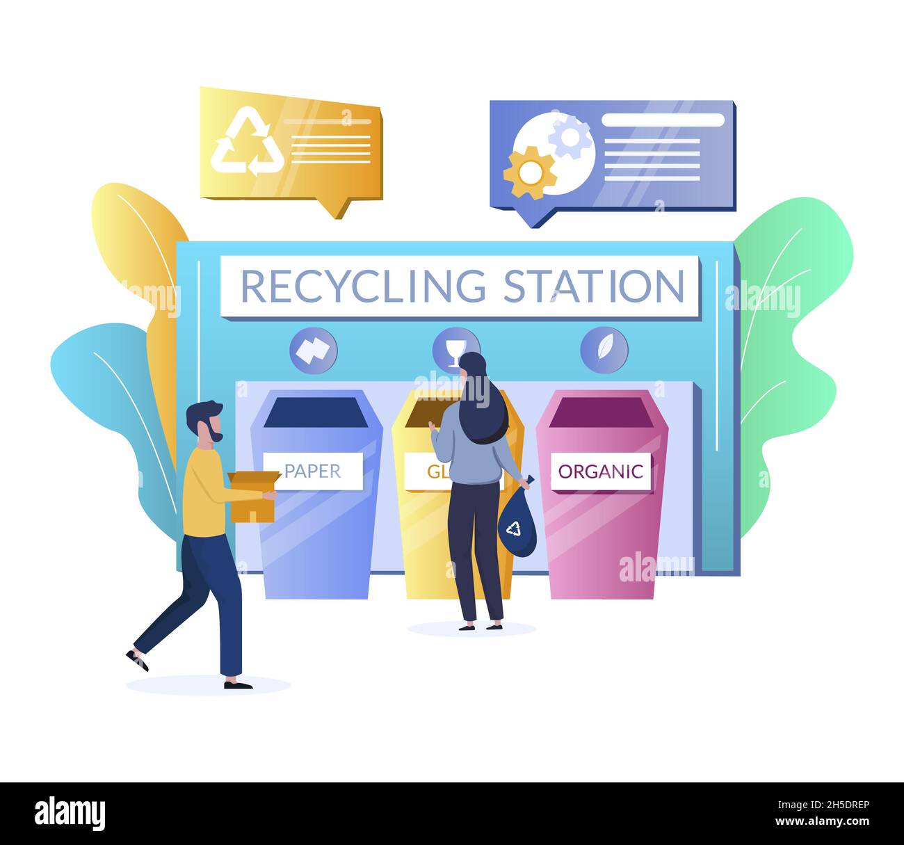 People throwing garbage into glass, paper, organic trash bins, flat ...