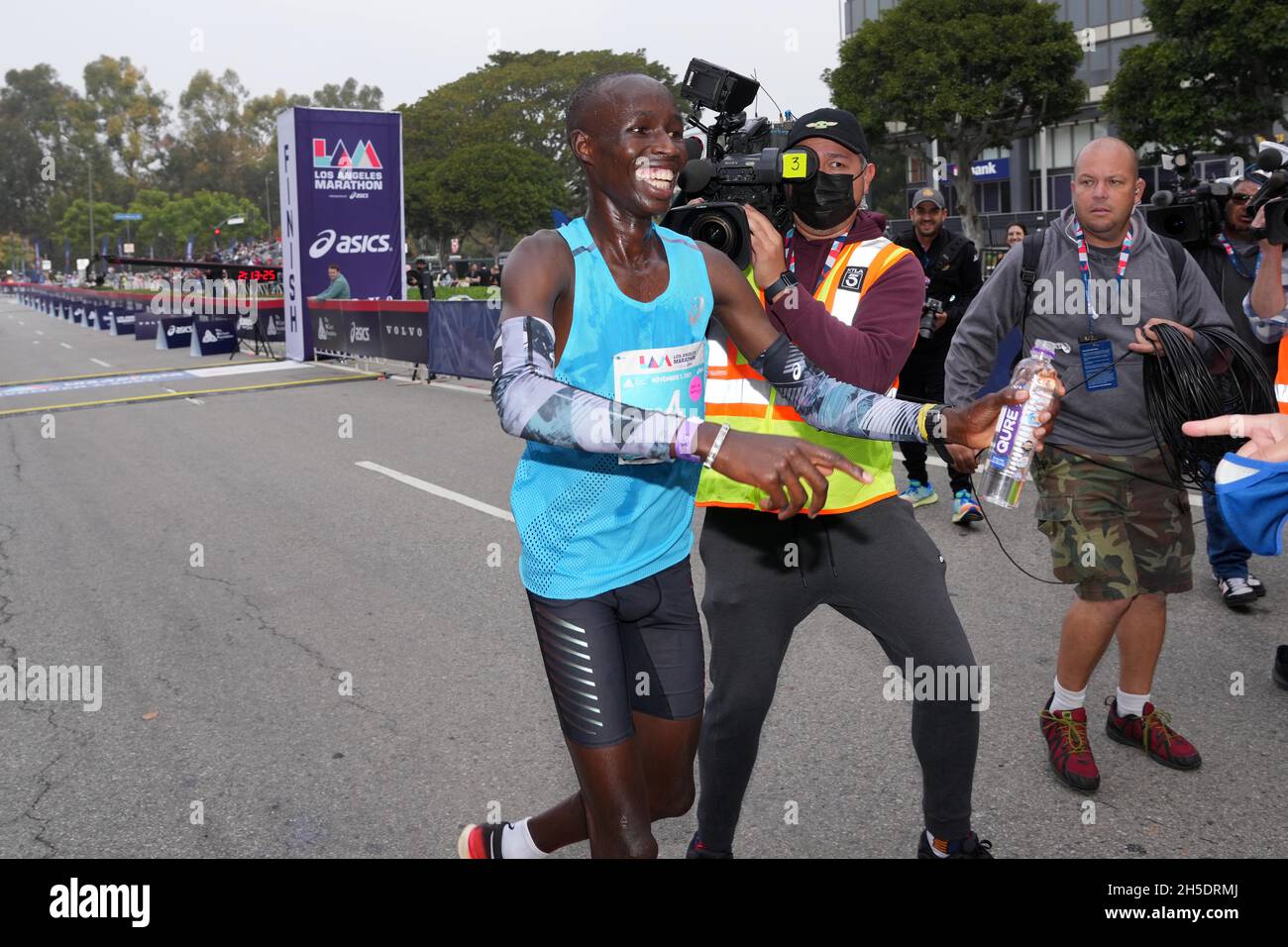John Korir (KEN) celebrates after winning the 36th Los Angeles Marathon ...