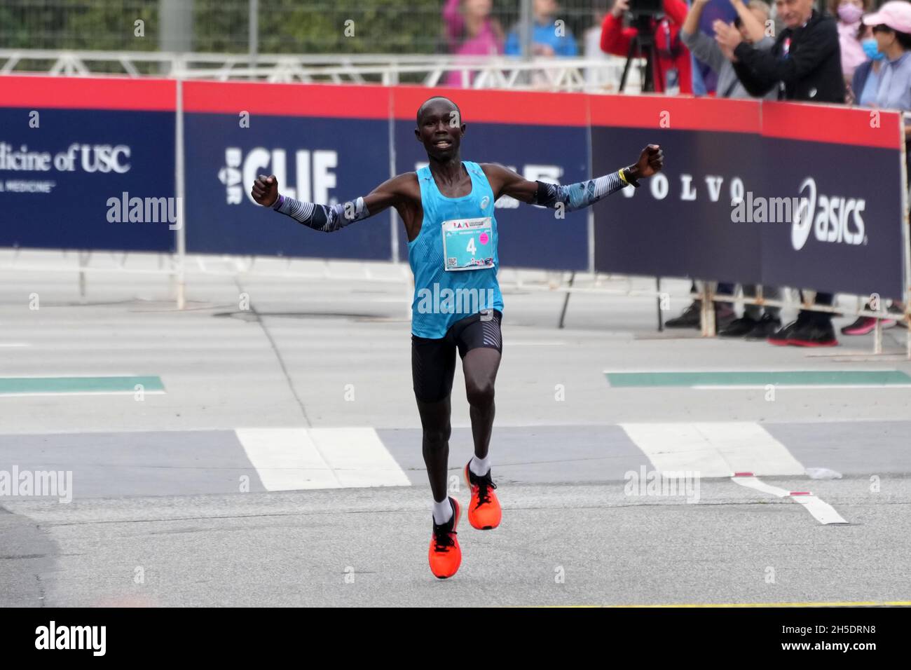 John Korir (KEN) celebrates after winning the 36th Los Angeles Marathon ...