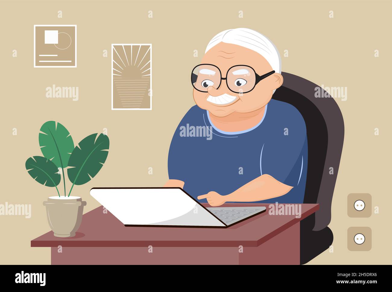 Grandpa with laptop vector. Cute cartoon senior man is surfing in ...