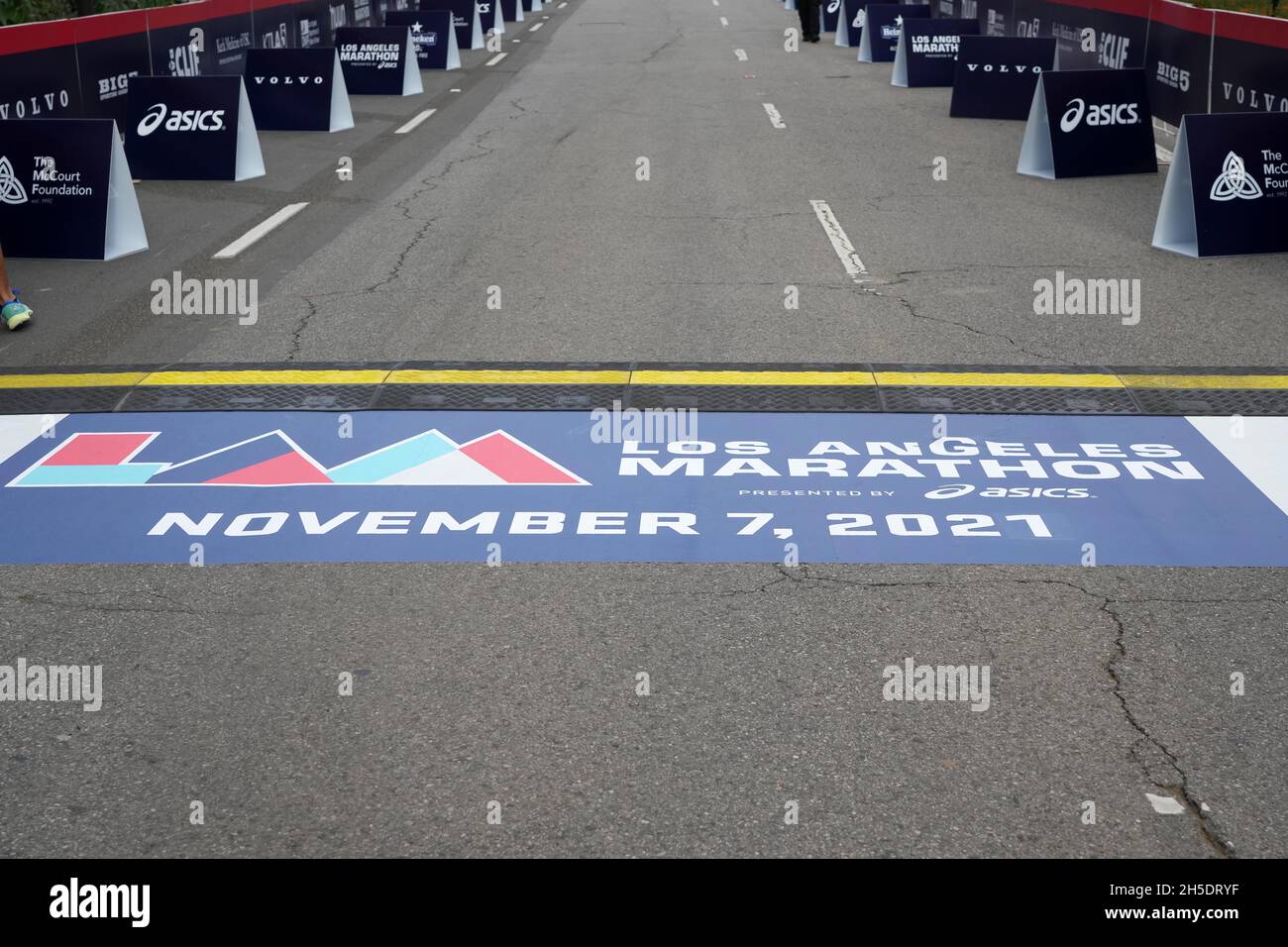 A detailed view of the finish line at the 36th Los Angeles Marathon ...