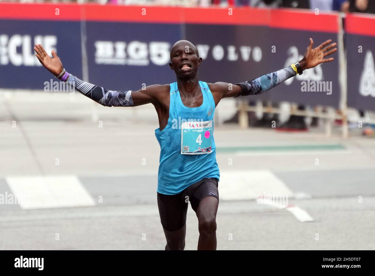 John Korir (KEN) celebrates after winning the 36th Los Angeles Marathon ...
