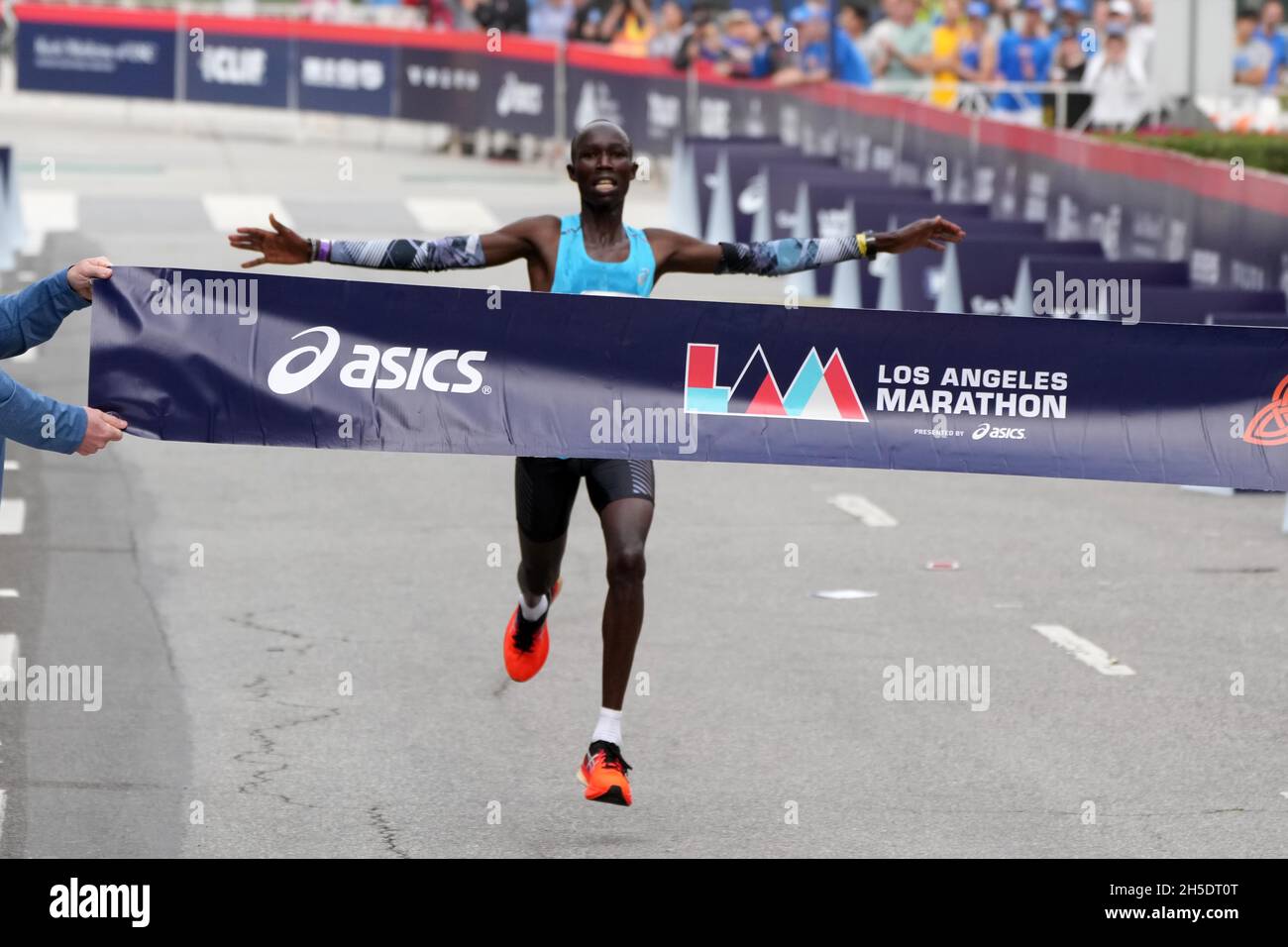 John Korir (KEN) celebrates after winning the 36th Los Angeles Marathon ...