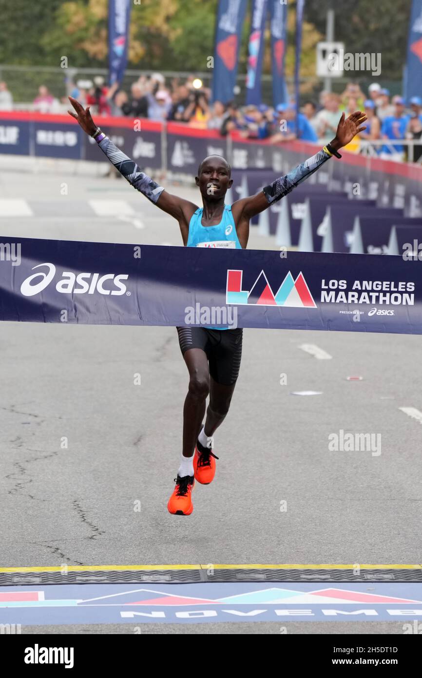 John Korir (KEN) celebrates after winning the 36th Los Angeles Marathon ...