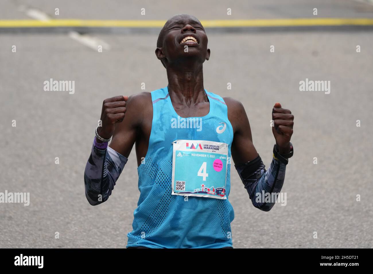 John Korir (KEN) celebrates after winning the 36th Los Angeles Marathon ...
