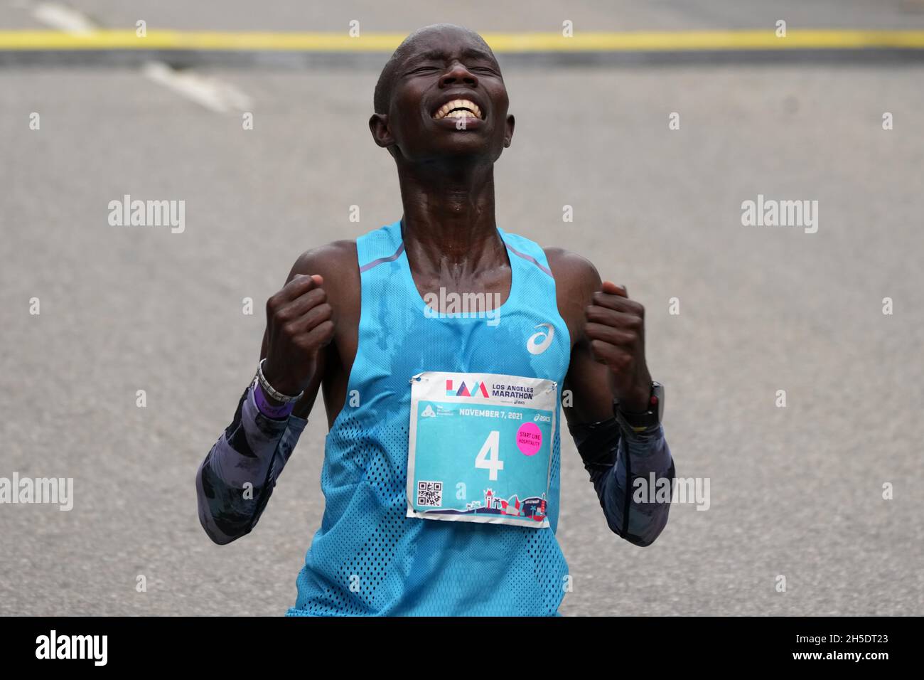 John Korir (KEN) celebrates after winning the 36th Los Angeles Marathon ...
