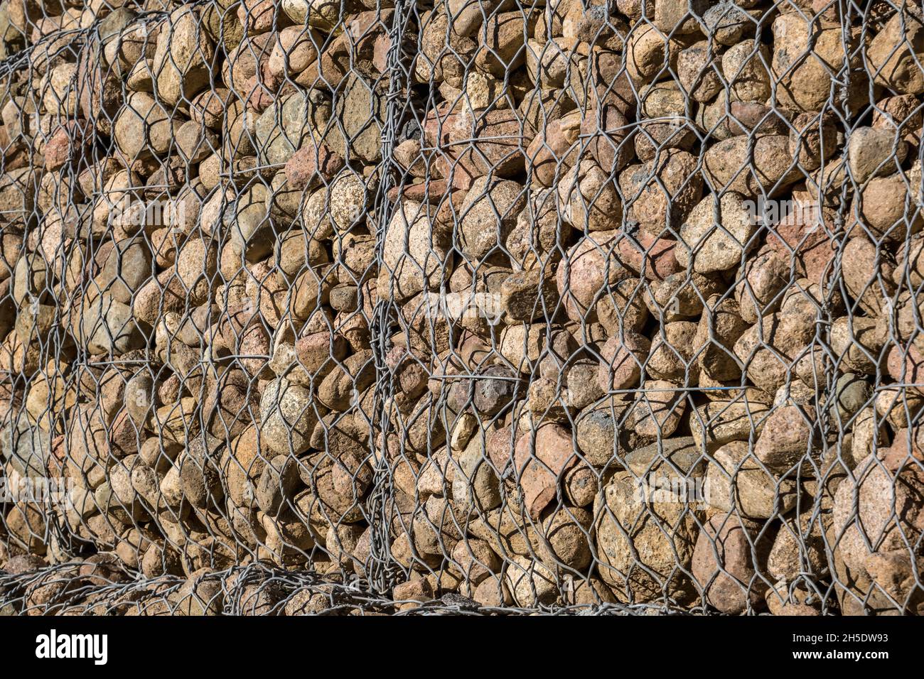 engineering structure made of stones behind metal wire netting to ...