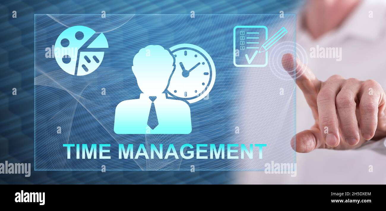 Man touching a time management concept on a touch screen with his ...