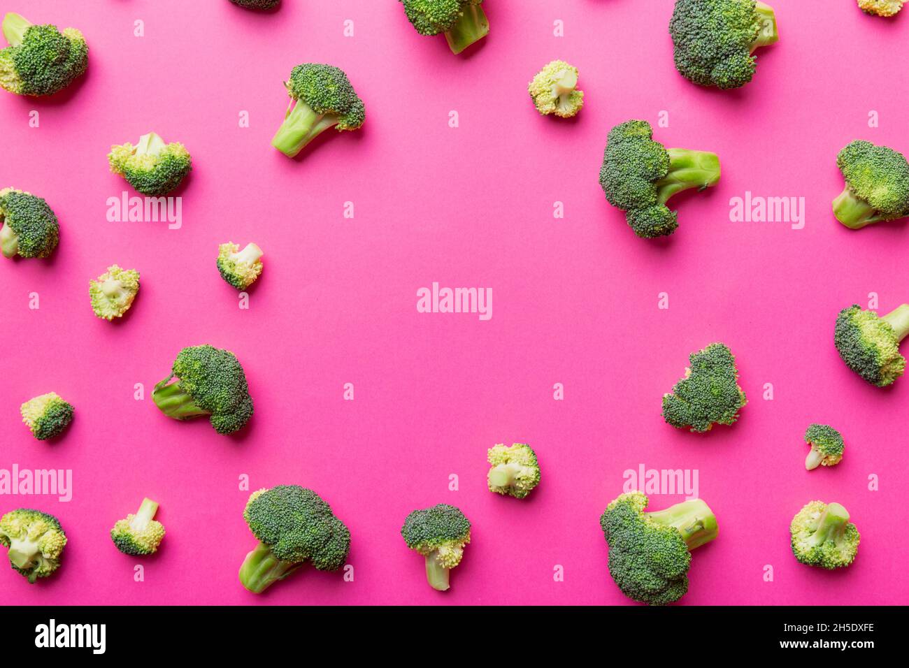 Flat lay composition with fresh green broccoli frame eith copy space on ...