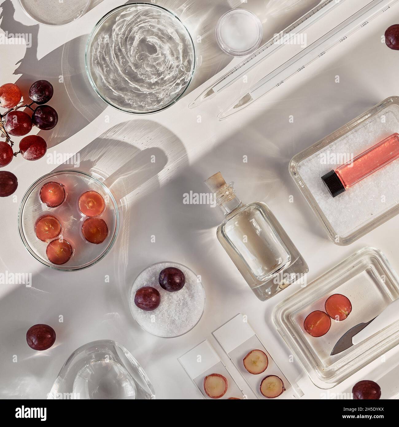 Cosmetic skincare background with red grapes. Abstract white flat lay ...