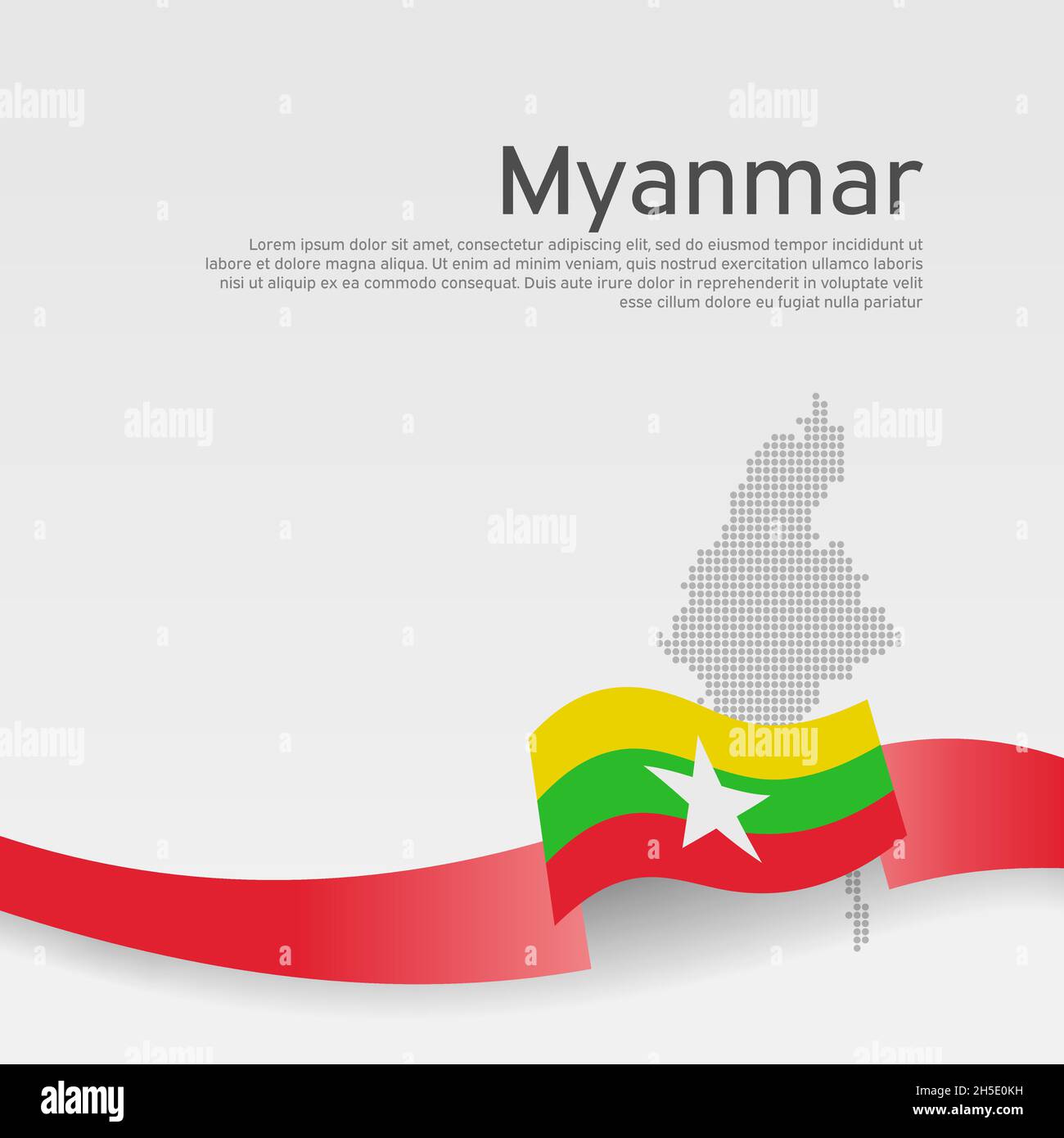 Myanmar flag, mosaic map on white background. Wavy ribbon with the ...