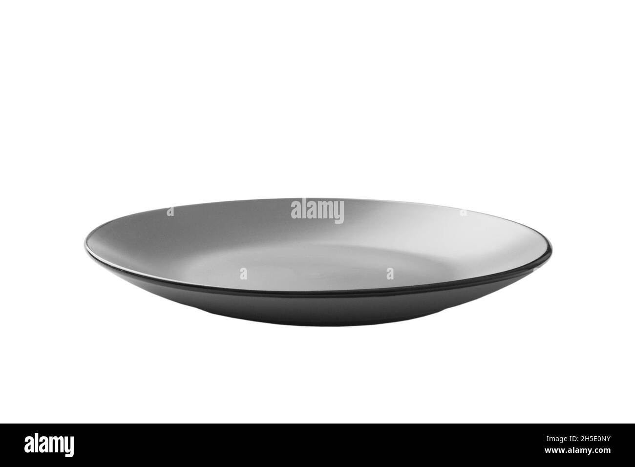Grey ceramic round plate isolated over white background. perspective ...