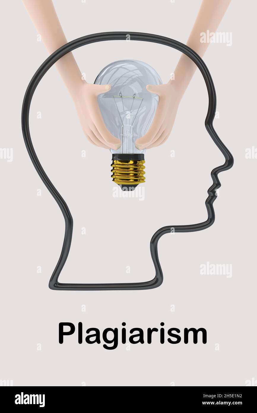 3D illustration of two hands grabbing a light bulb from a head ...