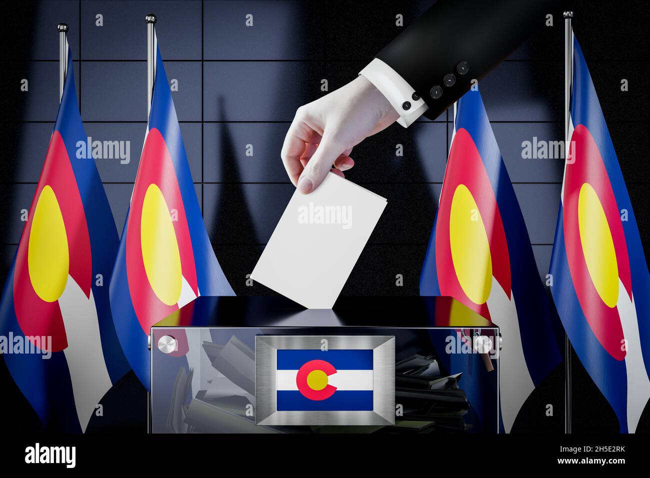 Colorado flags, hand dropping ballot card into a box - voting, election ...