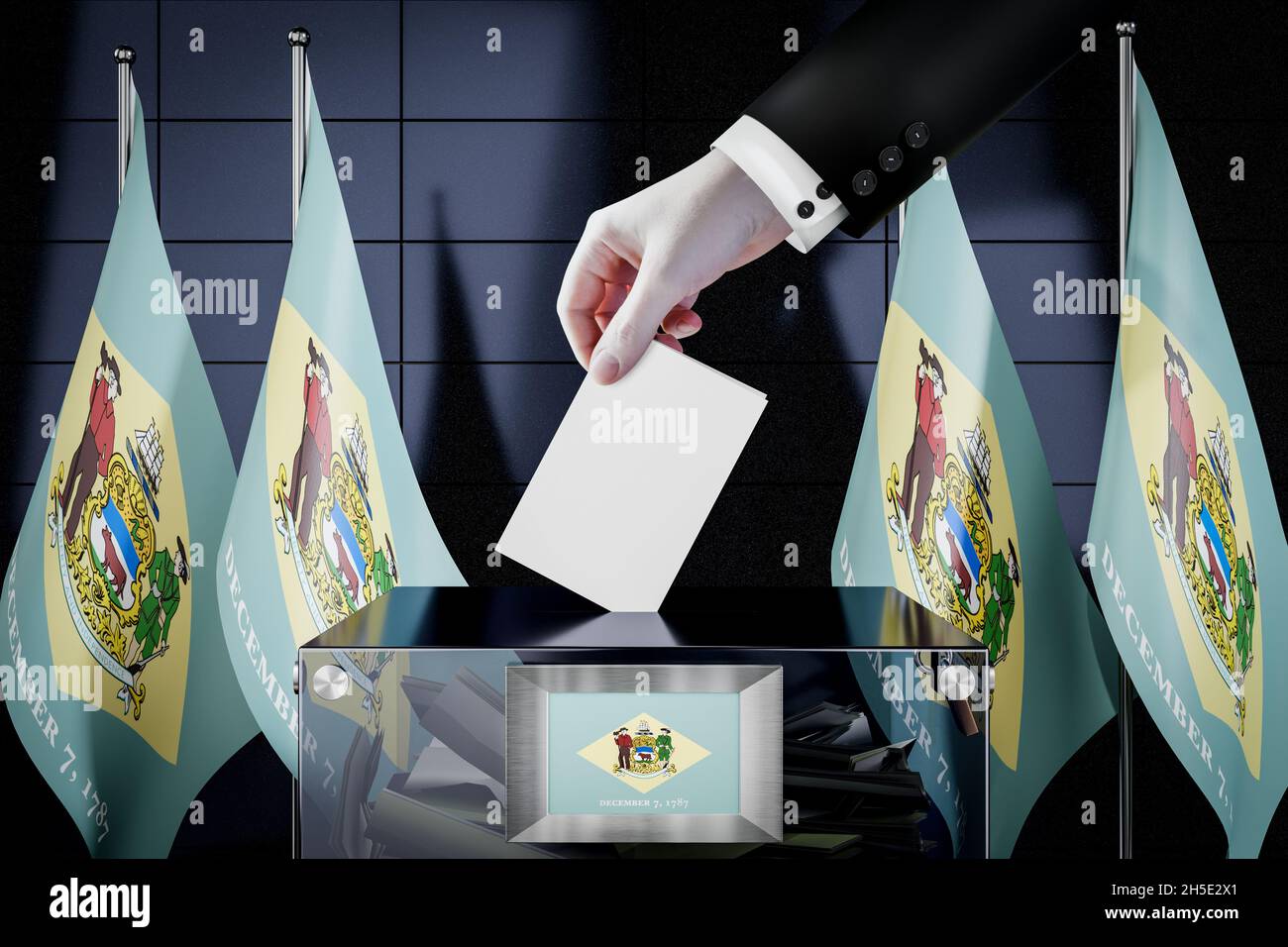 Delaware flags, hand dropping ballot card into a box - voting, election ...