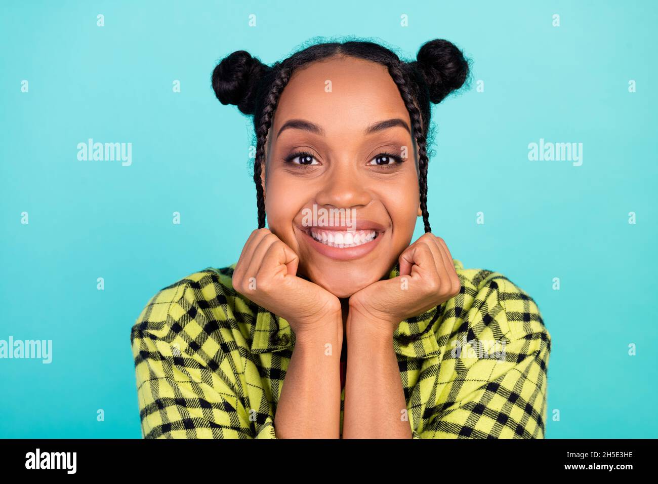 Photo of dream millennial fancy lady hands face wear yellow plaid shirt ...