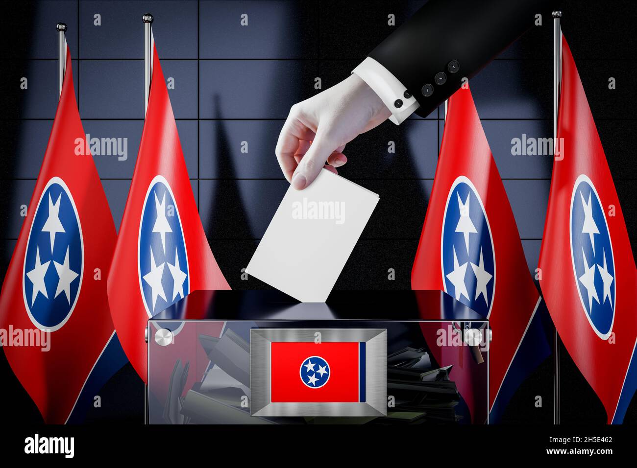 Tennessee flags, hand dropping ballot card into a box - voting ...