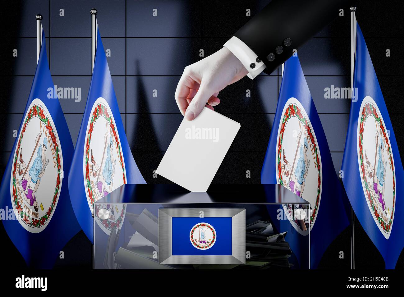 Virginia flags, hand dropping ballot card into a box - voting, election ...