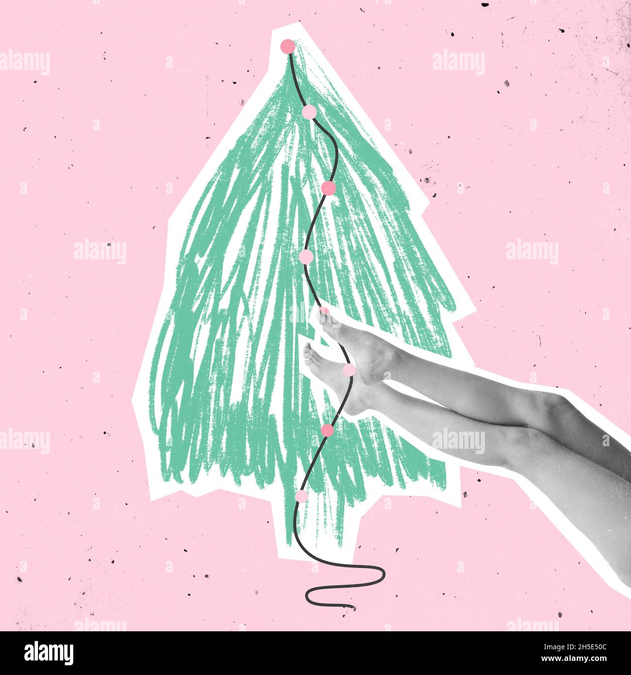Contemporarty art collage of female legs decorating Christmas tree ...
