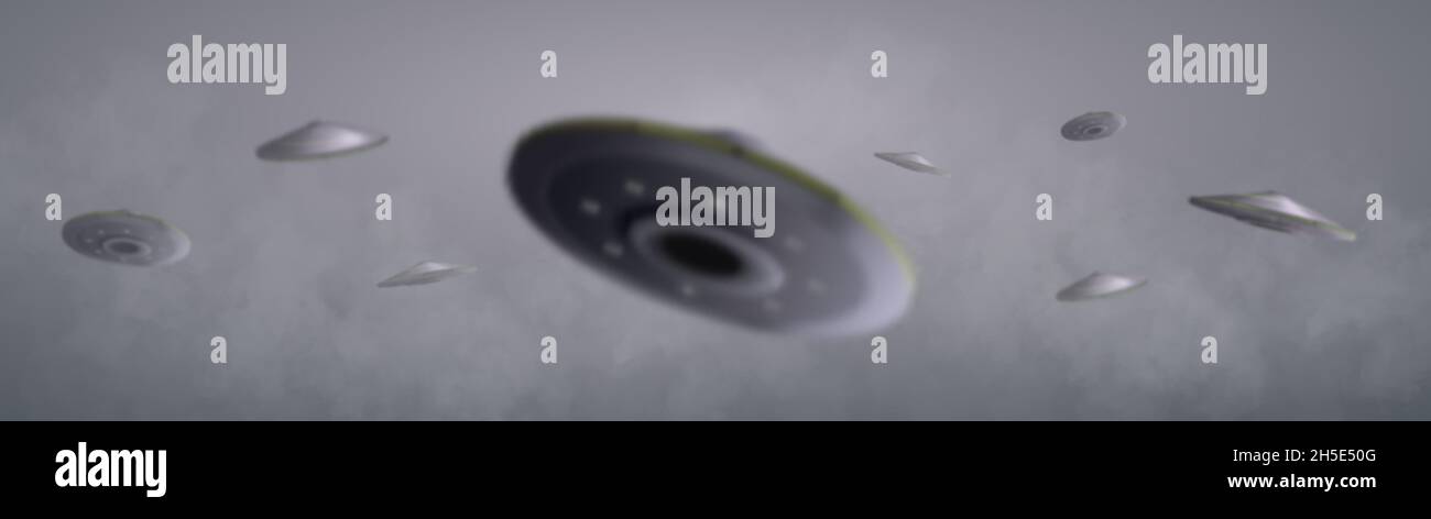 UFO spaceship with yellow light beam isolated on grey background ...