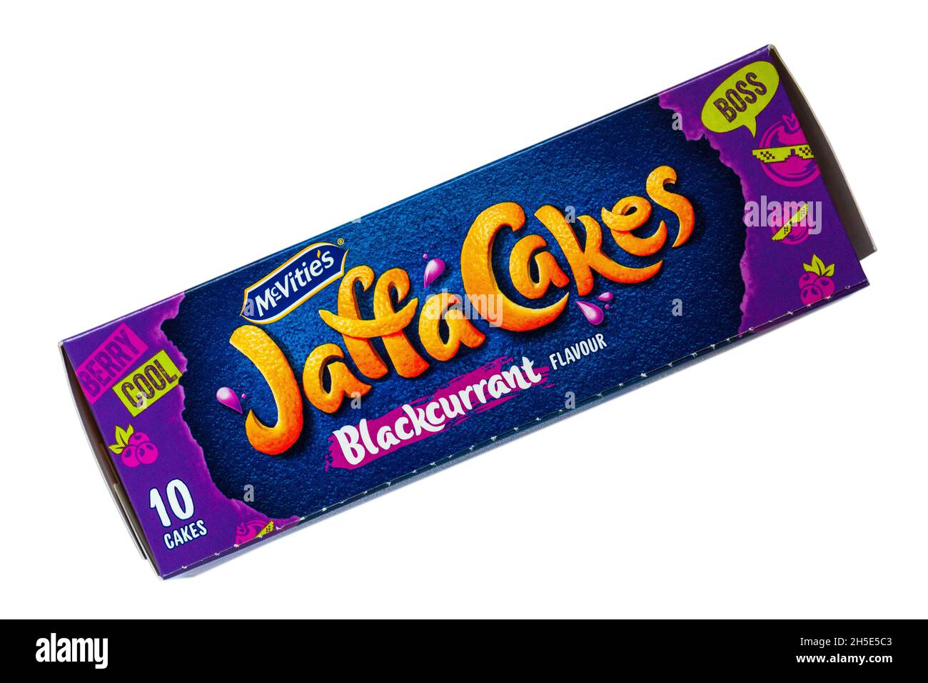 Box of McVities Jaffa Cakes blackcurrant flavour isolated on white ...