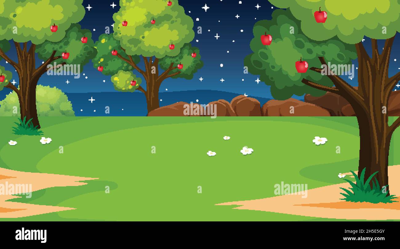 Blank nature park landscape scene at night time illustration Stock ...