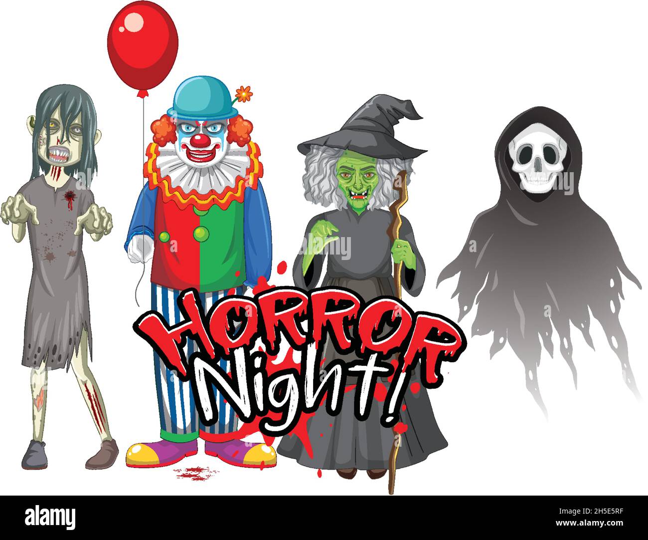 Horror Night text design with Halloween ghost characters illustration ...