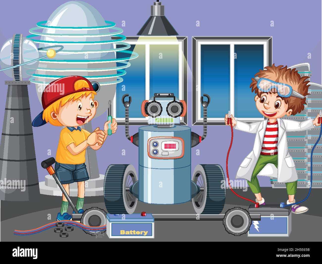 Scene with children building robot together illustration Stock Vector ...