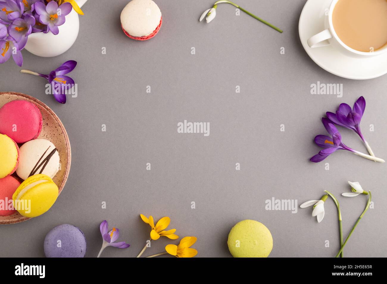 Mockup with spring snowdrop crocus flowers and multicolored macaroons ...