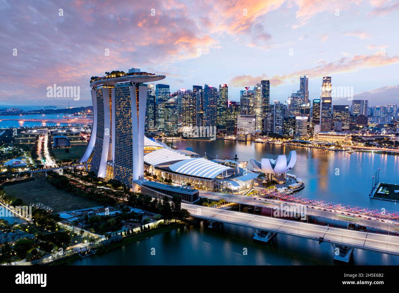 View from above, stunning aerial view of the Singapore skyline with the ...